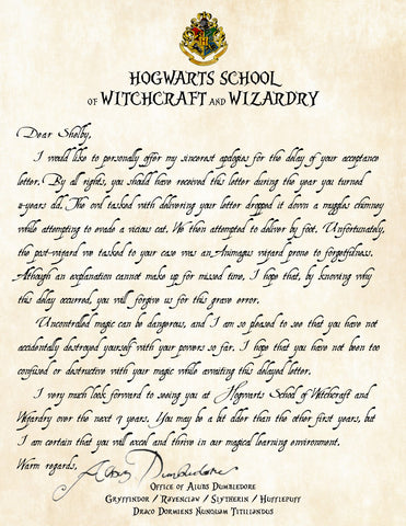 Personalized Wizard Acceptance Letter with Apology from Hogwarts Schoo ...