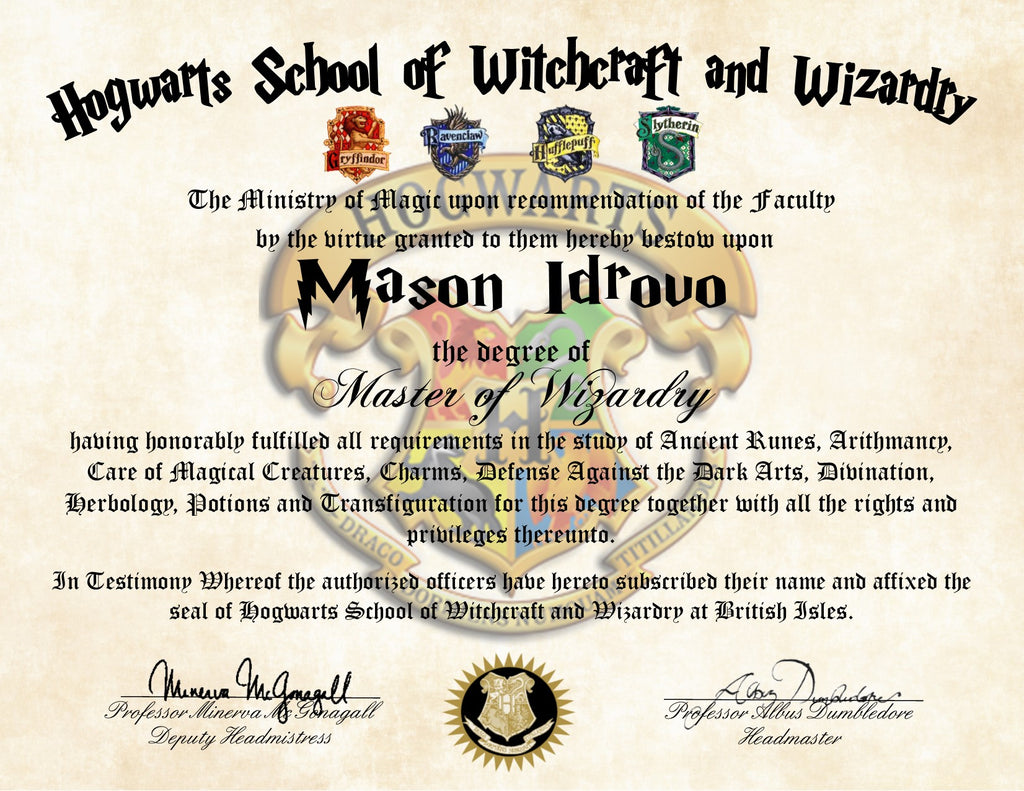Personalized Wizard Diploma Hogwarts School of Witchcraft and Wizardry ...