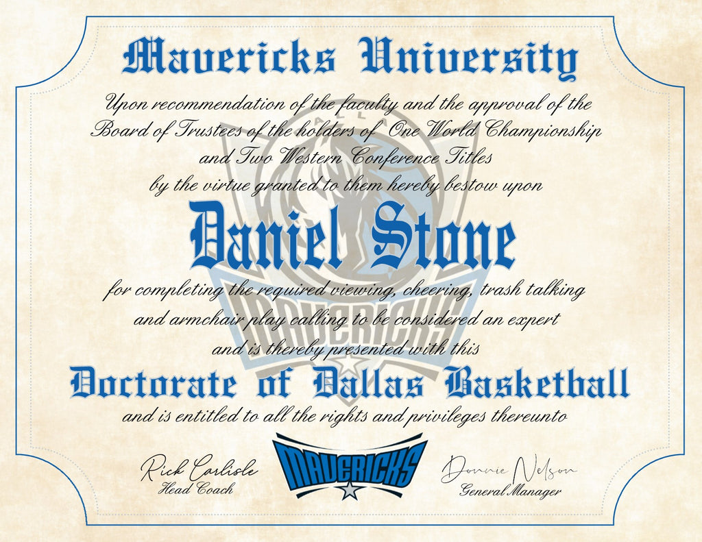 Dallas Mavericks Ultimate Basketball Fan Personalized Diploma - Perfec ...