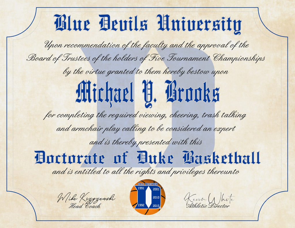 Duke Blue Devils Ultimate Basketball Fan Personalized Diploma - 8.5" x ...