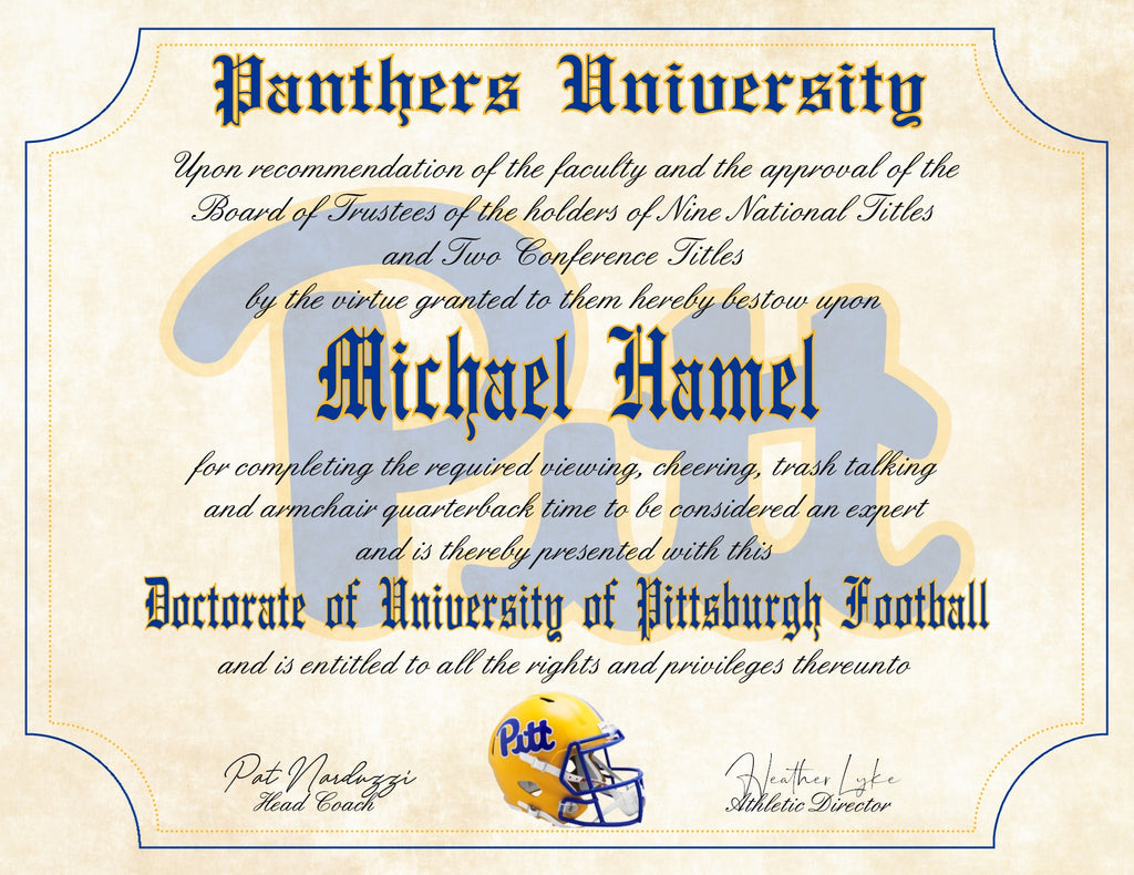 Pitt Panthers Ultimate Football Fan Personalized Diploma - 8.5" x 11 ...