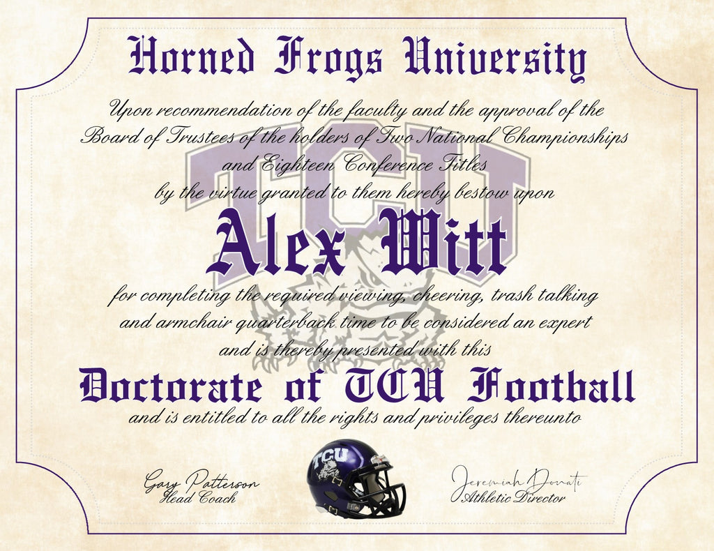TCU Horned Frogs Ultimate Football Fan Personalized Diploma - 8.5" x 1 ...