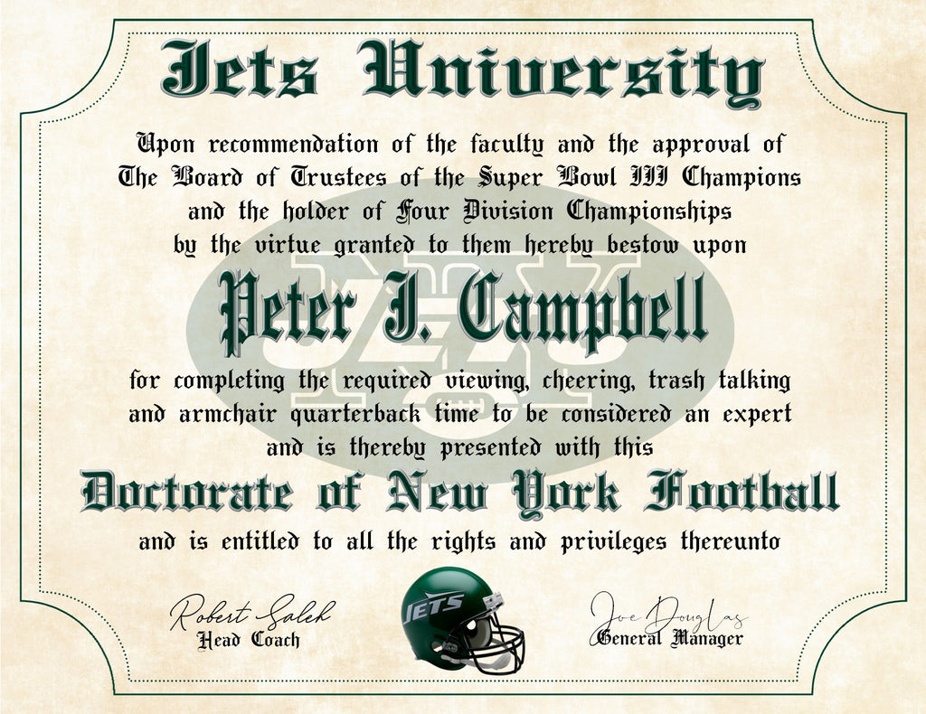New York Jets Ultimate Football Fan Personalized Diploma # 1 Fan Certi ...