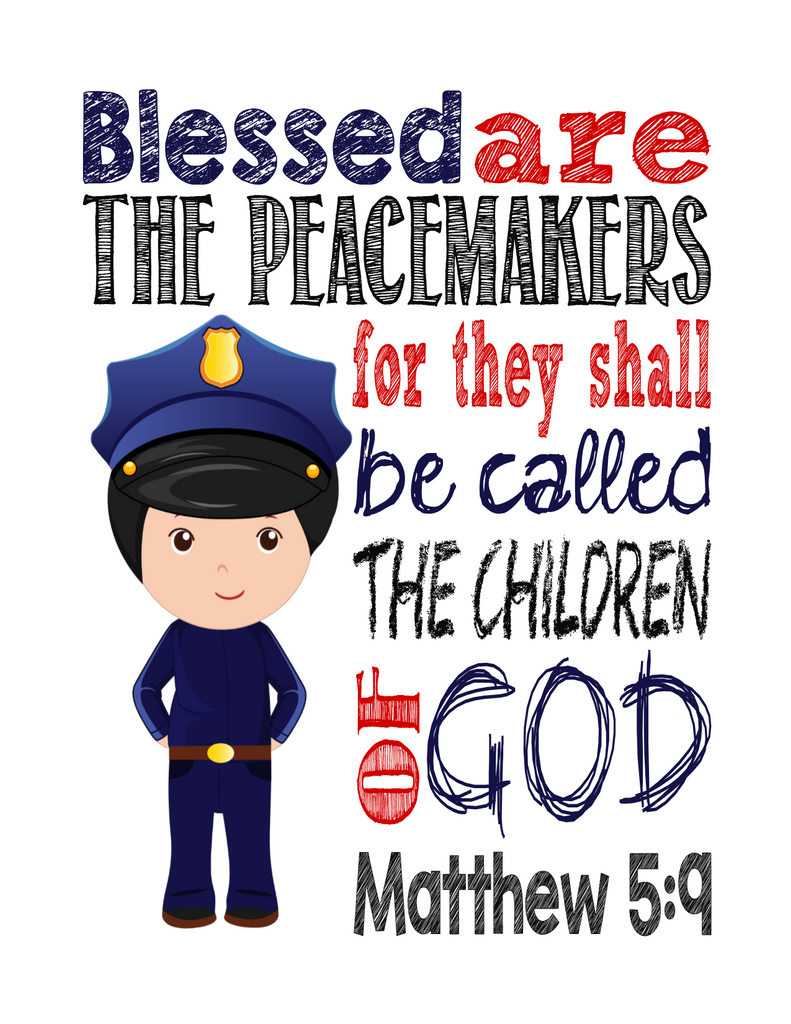 Police Real Life Superhero Christian Nursery Print, Blessed are the pe ...