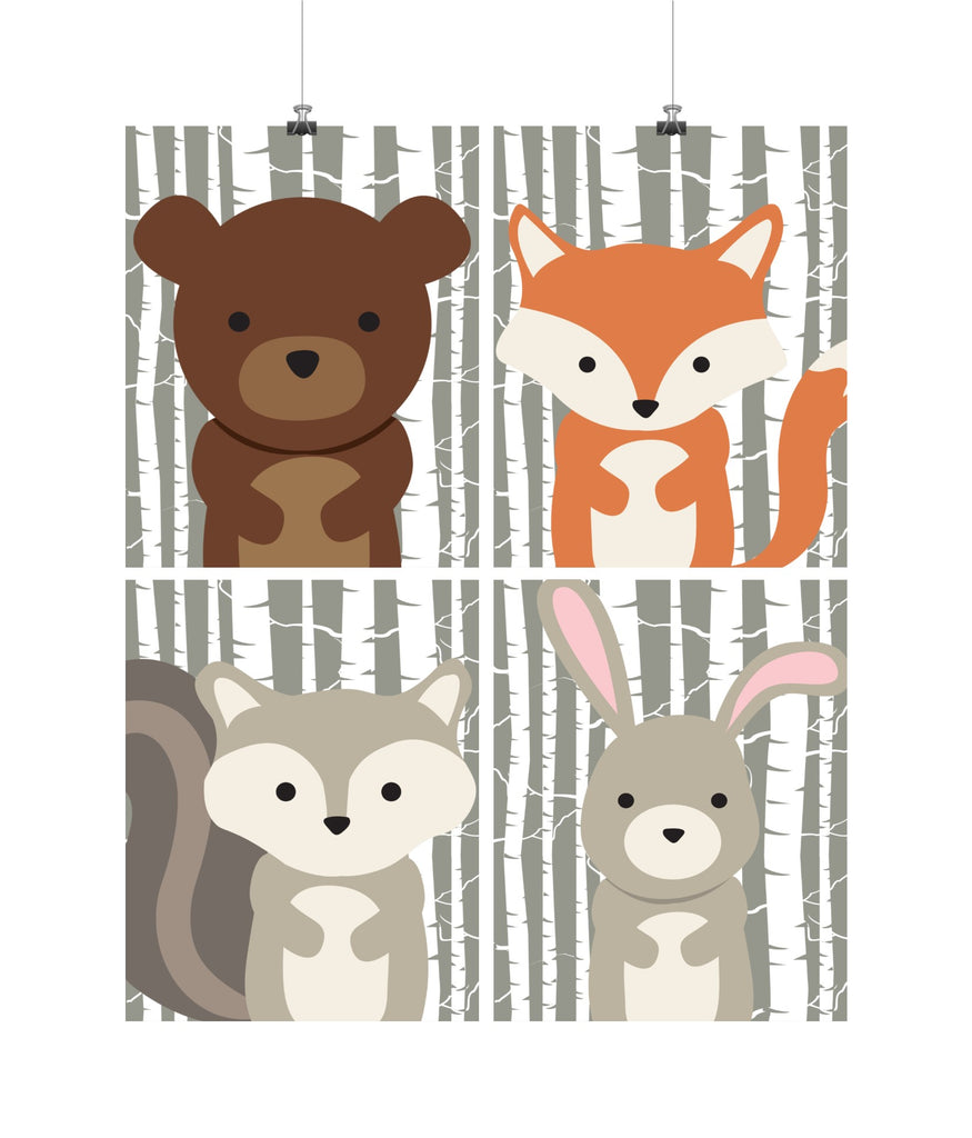 Woodland Animals with Birch Tree Background Nursery Art Set of 4 Print ...