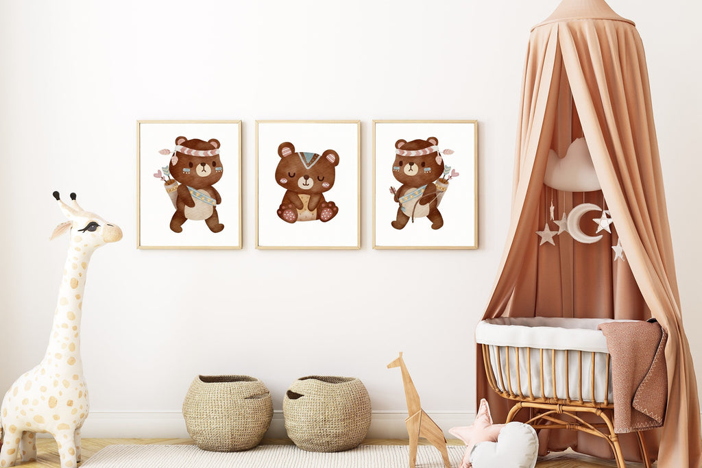 Watercolor Woodland Baby Boho Tribal Bears Nursery Decor Set of 3 Unfr ...